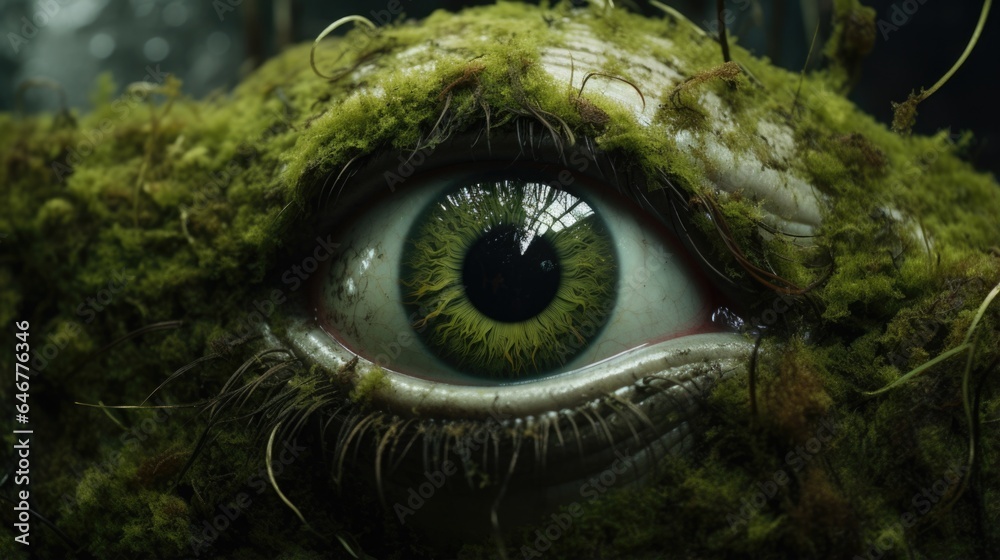 Surreal creepy green moss covered eye of the swamp, nature watches, eye ...
