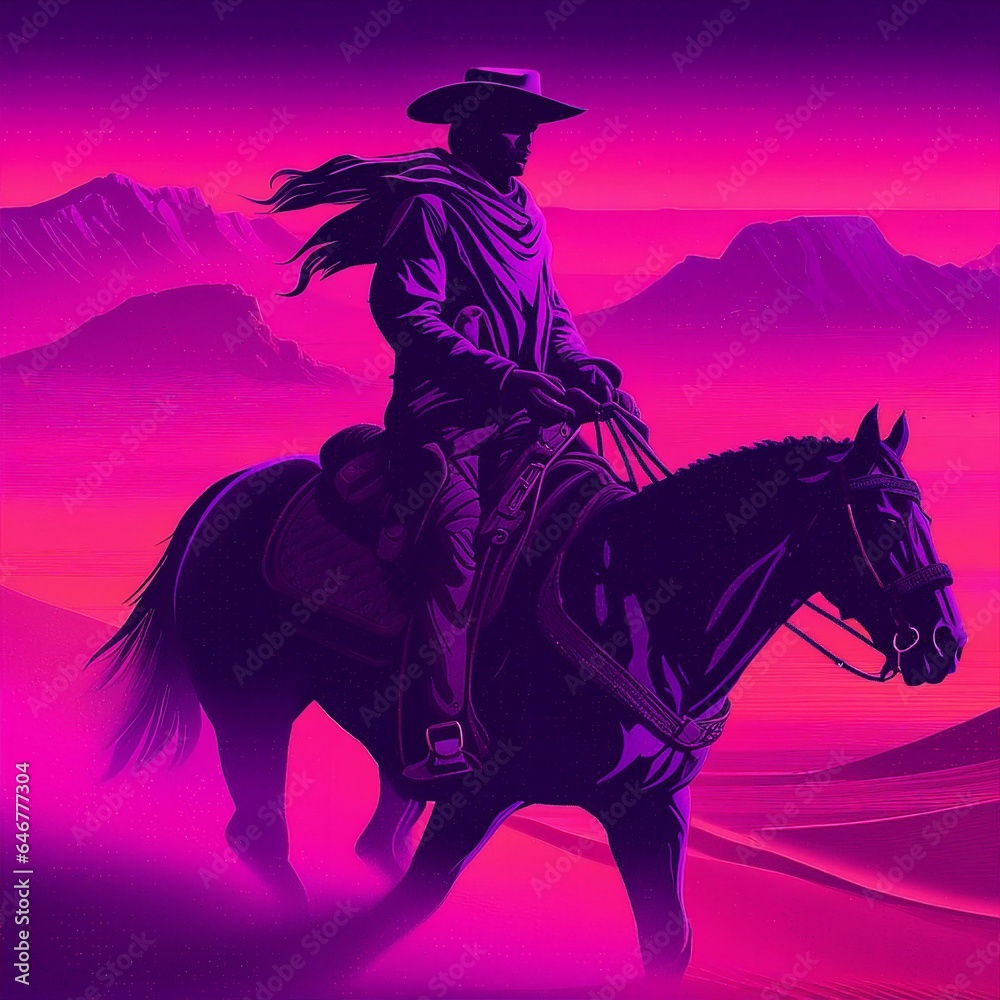 neon punk cowboy riding a horse through the desert, sunset, dust ...