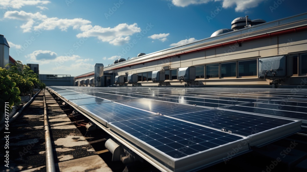 Solar panels on the roof of a modern industrial factory with Sunlight ...