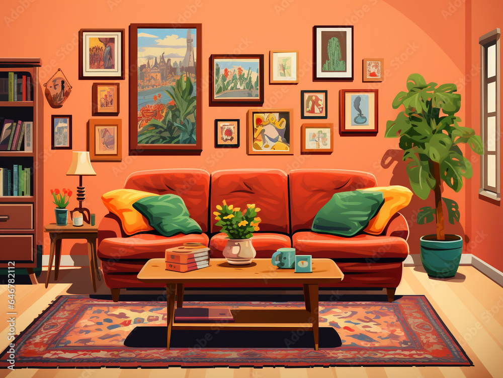 An Illustration of a 90s Sitcom Living Room Set with Iconic Furnishings ...