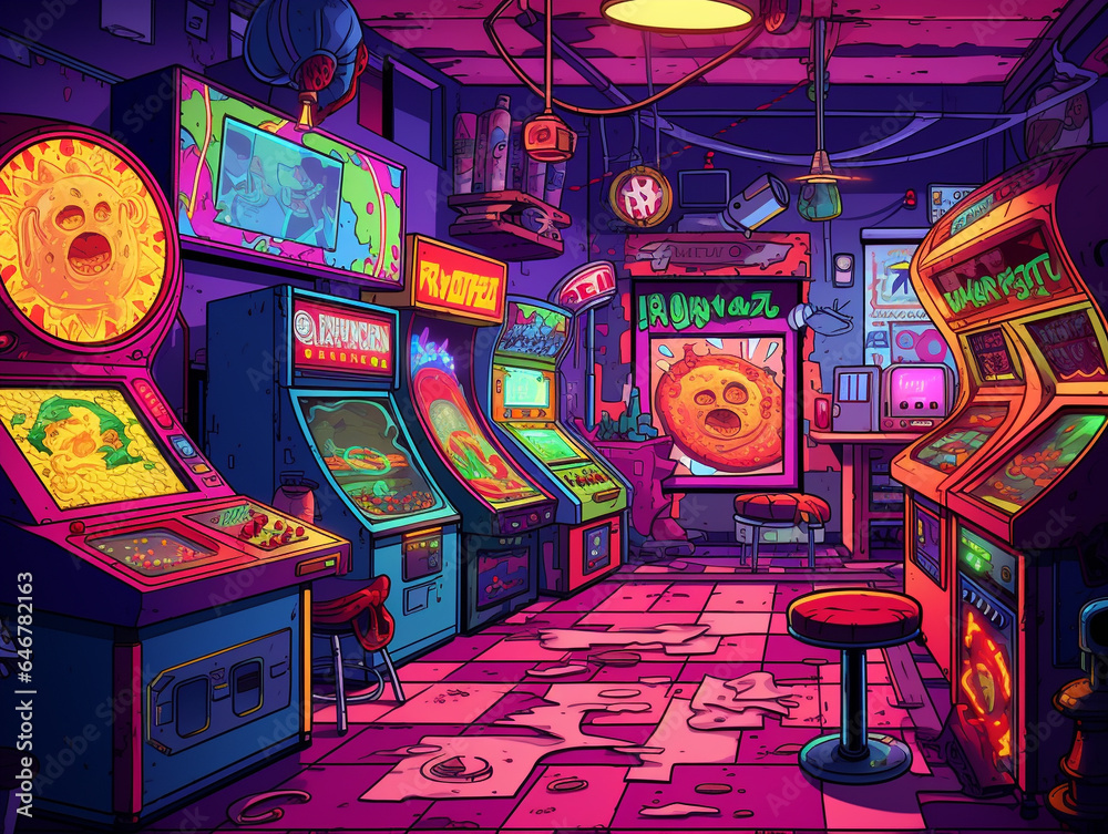 An Illustration of a 90s Themed Pizza Parlor with an Arcade and Jukebox ...