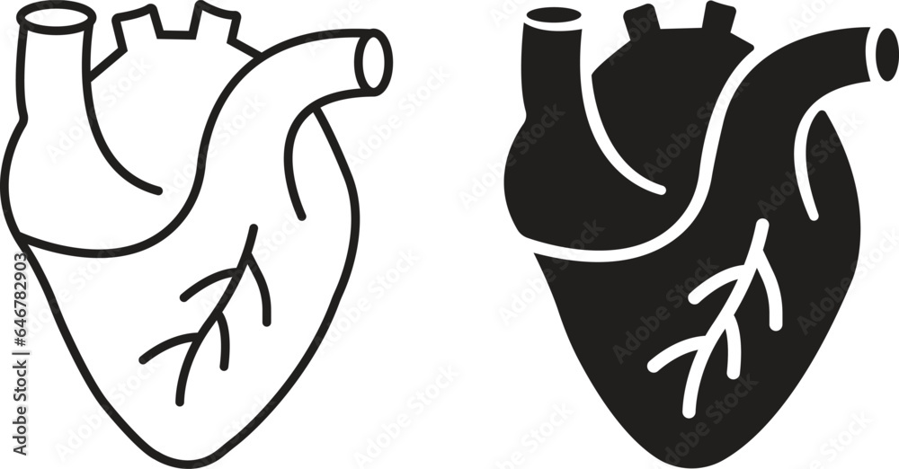 set of black Human Heart icons, Cardiac Muscle Line and Silhouette ...