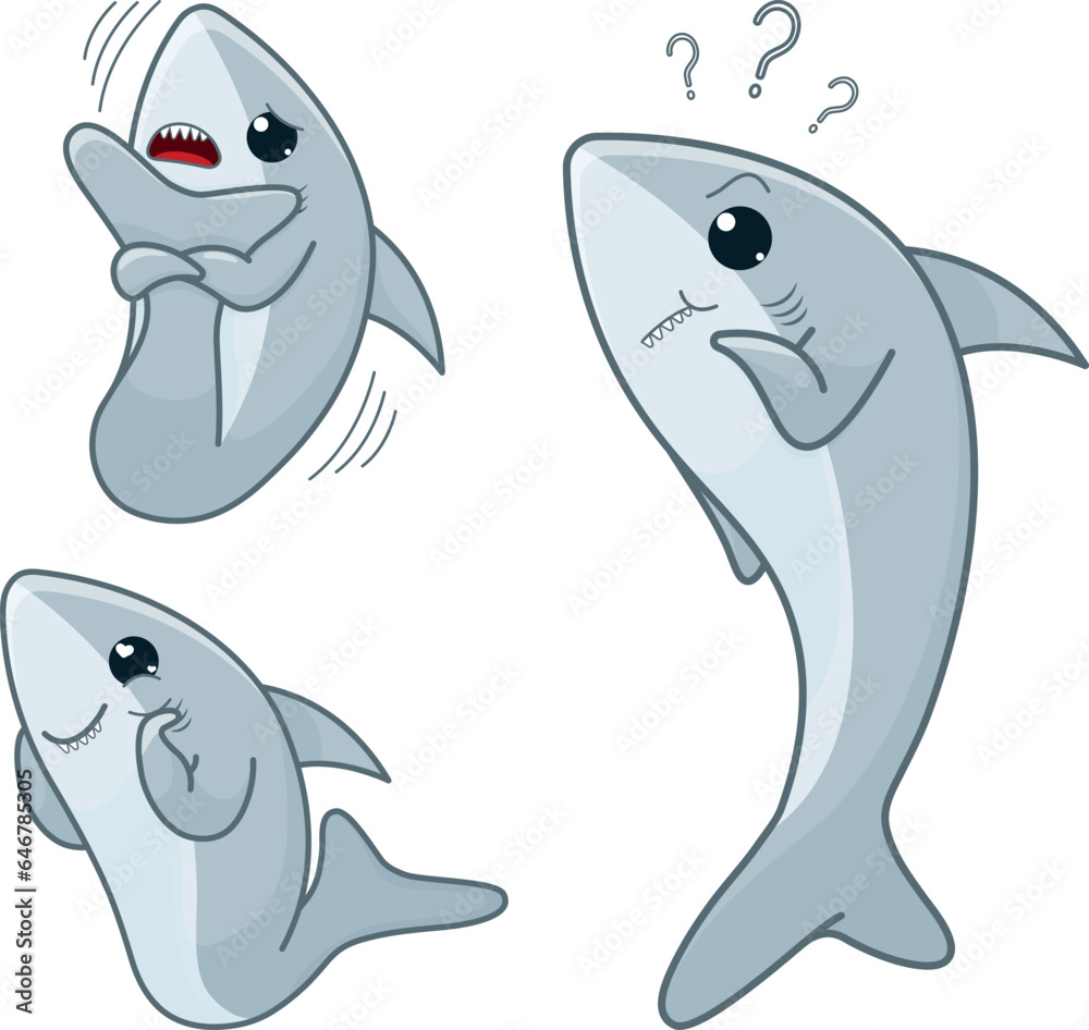 grey shark character set. Cute cartoon vector illustration. Isolated on ...