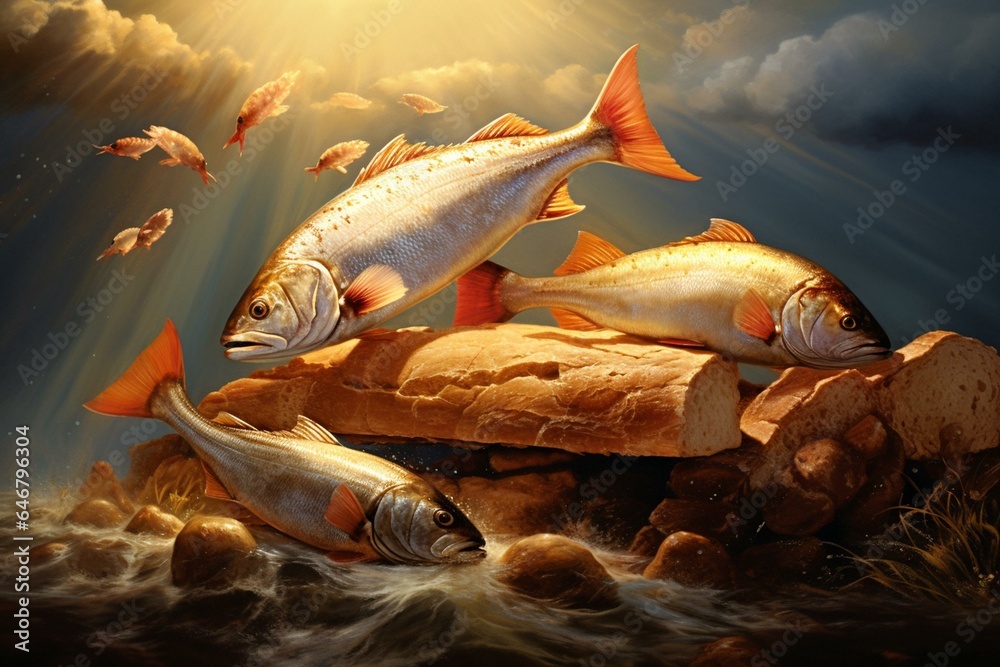 High definition biblical illustration of five loaves and two fish ...