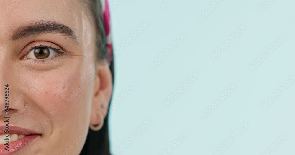 Half face, happy and a woman on a studio background with mockup for a ...