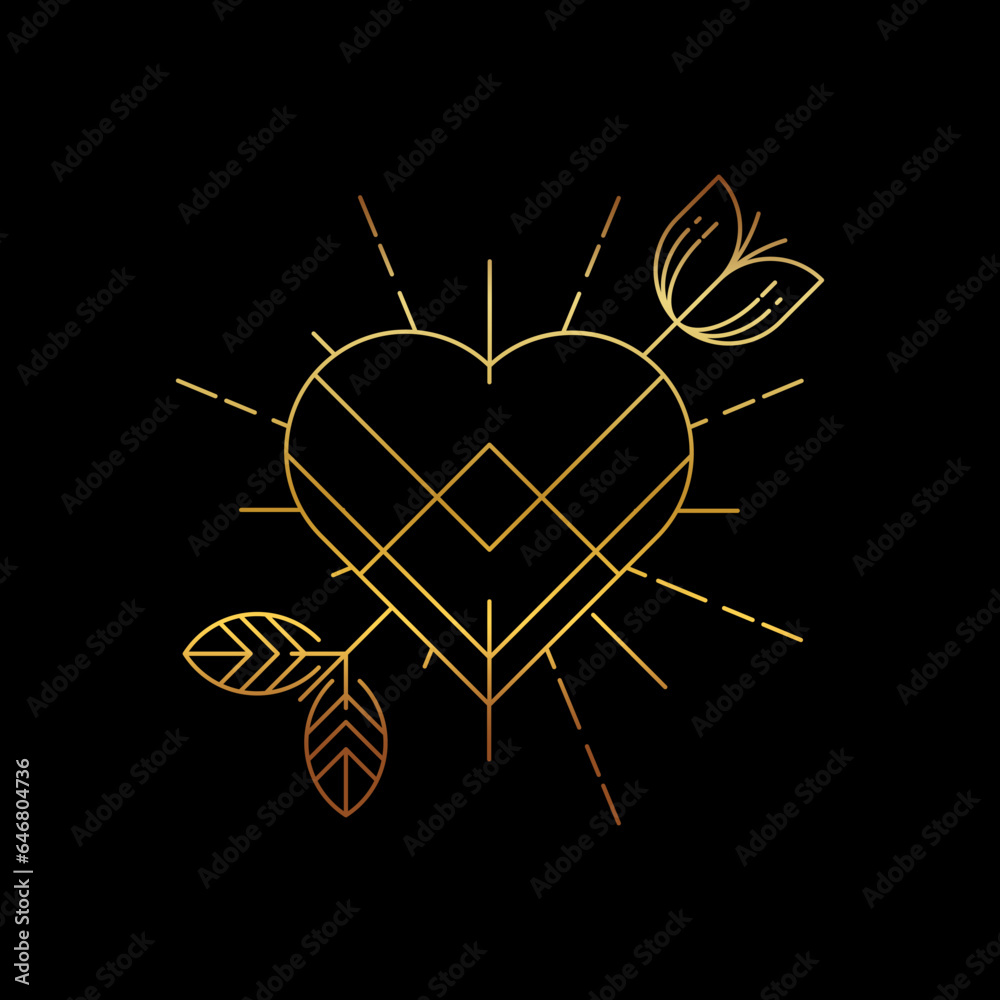 Golden vector of mystical magic heart symbols. Spiritual occultism line ...