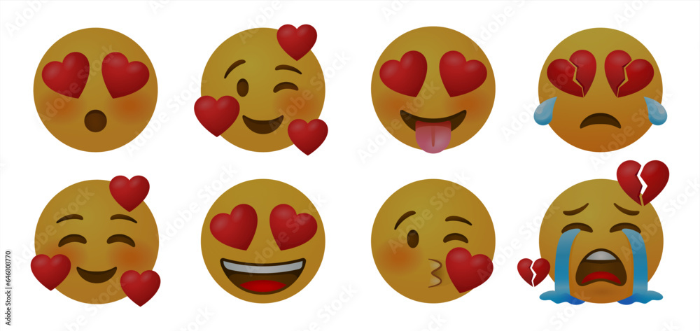Blacked ut Emoticon and emoji with heart vector faces set. Emoticons of ...