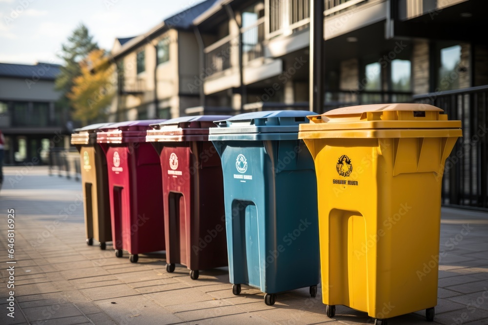 Recycling bin stands outdoor. Image of rows of recycling bins in a park ...