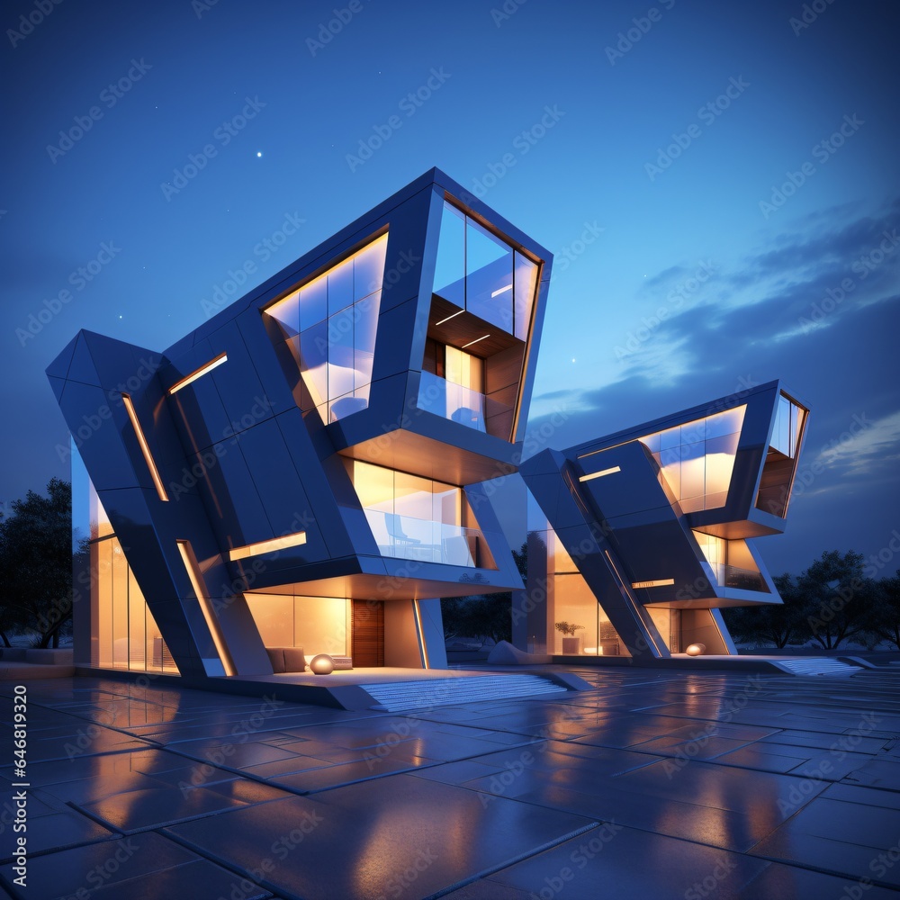 modern house design with blue glowing neon colors Stock Illustration ...