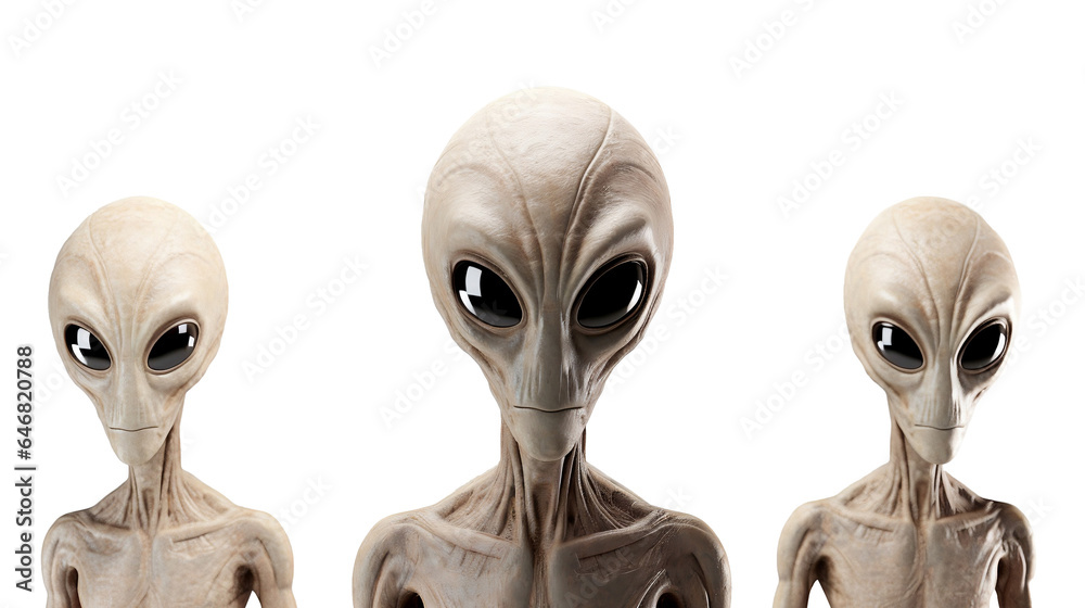 Group of three aliens with black eyes. Invasion creatures. Front view ...