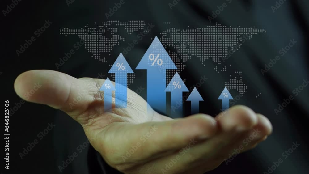 Human hand with Increasing percentage icon. Profit high growth arrow ...