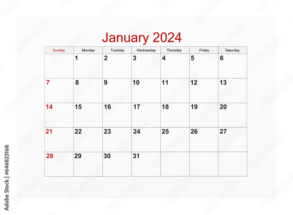 The January 2024 Calendar page for 2024 year isolated on white ...