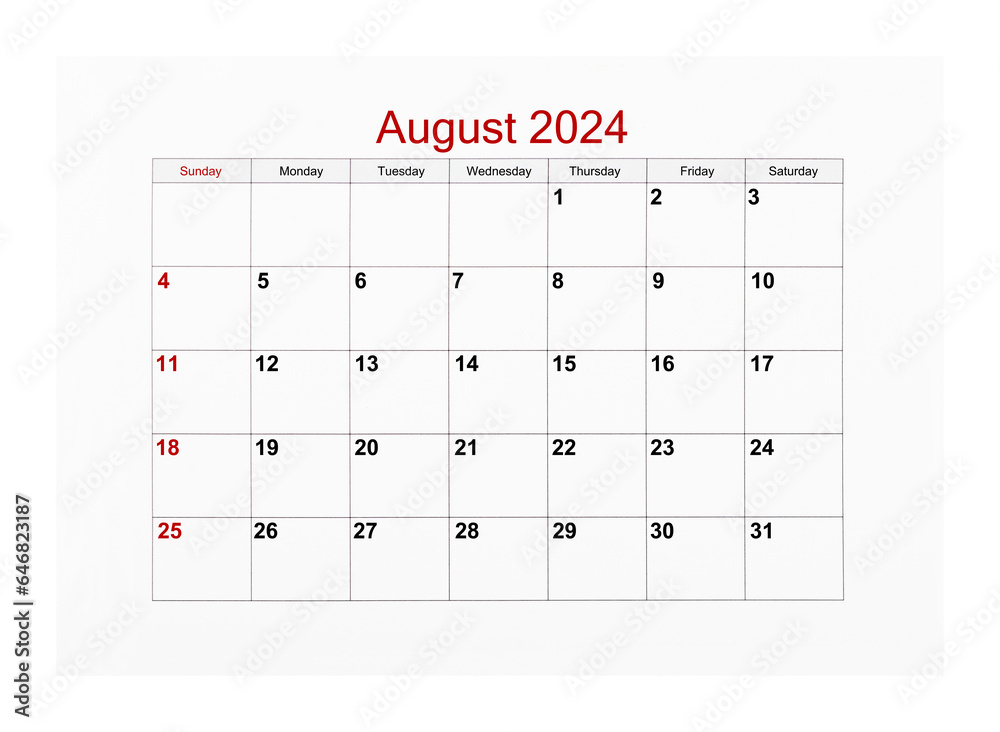 The August 2024 Calendar page for 2024 year isolated on white ...