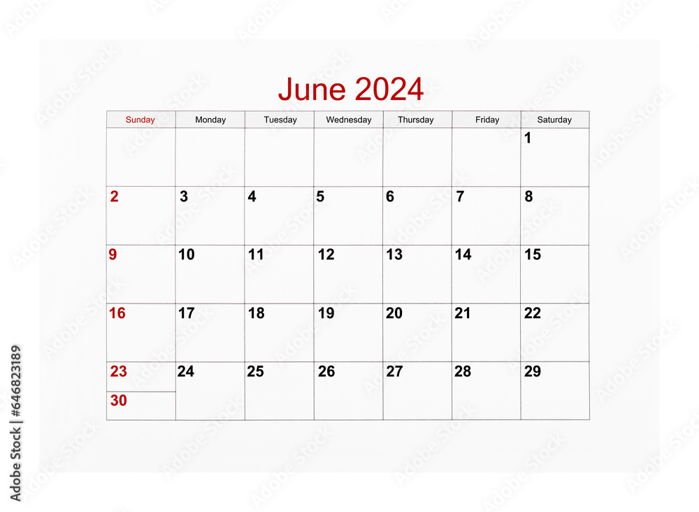 The June 2024 Calendar page for 2024 year isolated on white background ...
