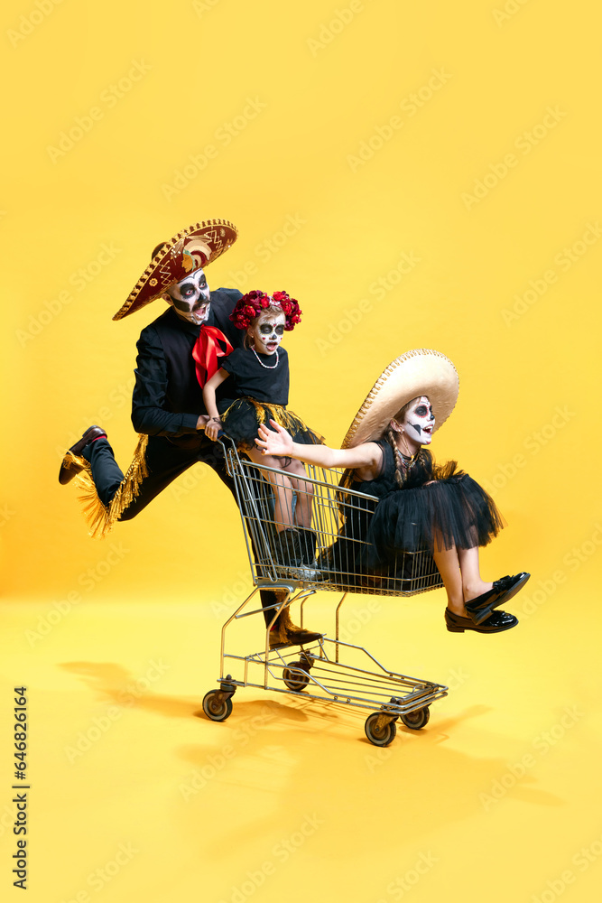 Frightening zombie family celebrating Halloween rushing to shop, market ...