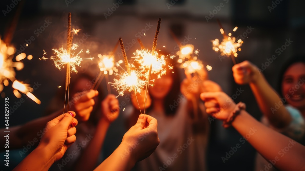 Close up of young friends holding sparklers at a party for celebrating ...