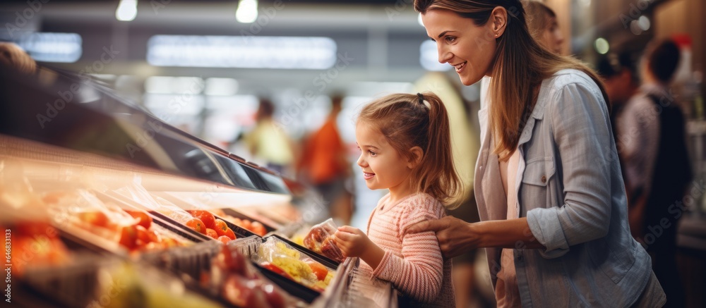 happiness family mother and kid children enjoy shopping in supermarket ...