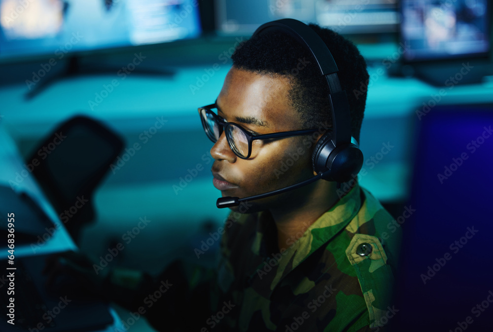 Military control room, security or man monitor CCTV, army communication ...