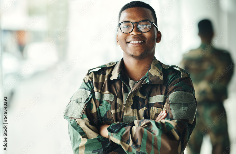 Confident soldier portrait, smile and arms crossed in army building ...
