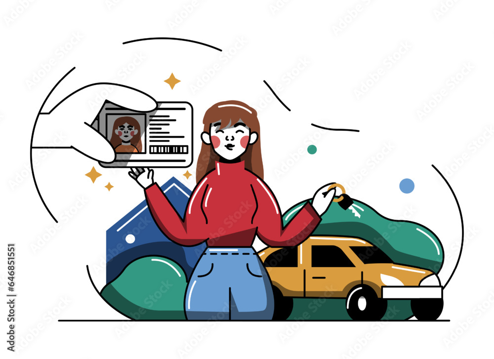 Smiling young woman standing outside, getting car keys and driver ...