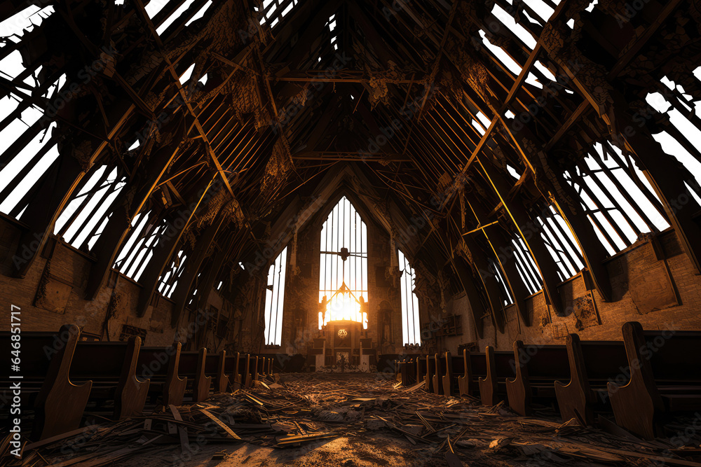 abandoned old wood church interior. transparent PNG file. Broken walls ...