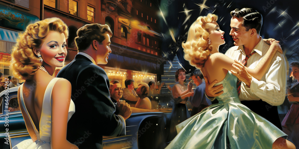 beautiful colorful illustration in fifties vintage style. beautiful ...