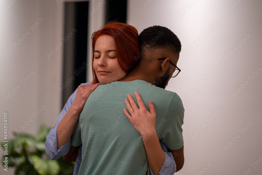 Embracing diverse couple man and woman moment intimacy and love ...