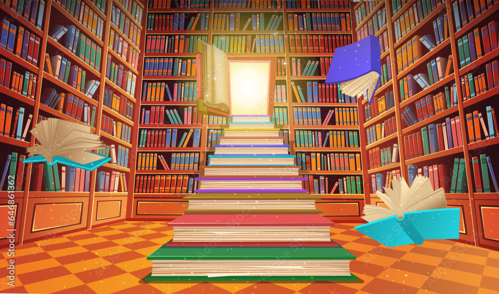 Library book shelves cartoon vector illustration. Stairs made of books ...