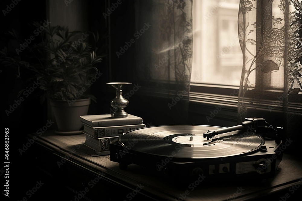 AI generated illustration of a vintage record player in front of a ...