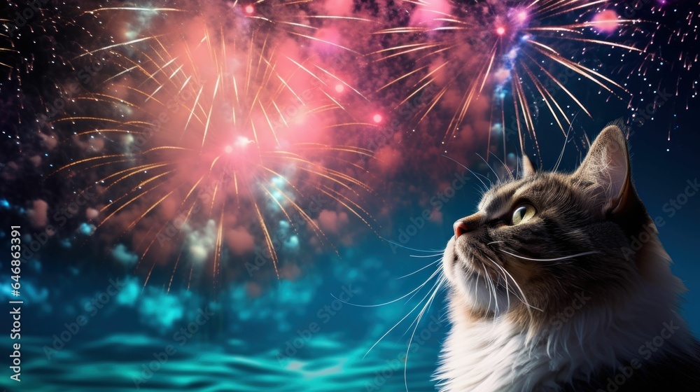 AI generated illustration of a tabby cat looking up at fireworks in the ...