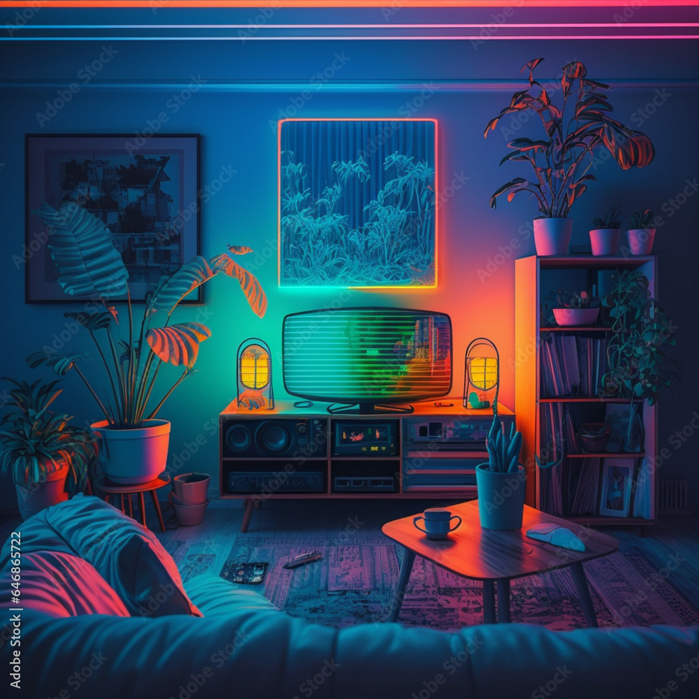 a day glo colored interior design concept of a living room in style of ...