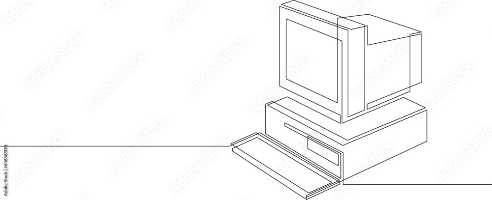 Continuous one line drawing of retro personal computer. Vintage cpu with analog monitor and ...