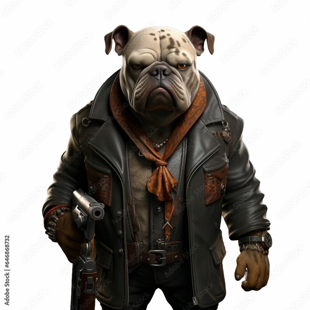 exotic-looking American Bully dog in a Bandit costume stands in an ...