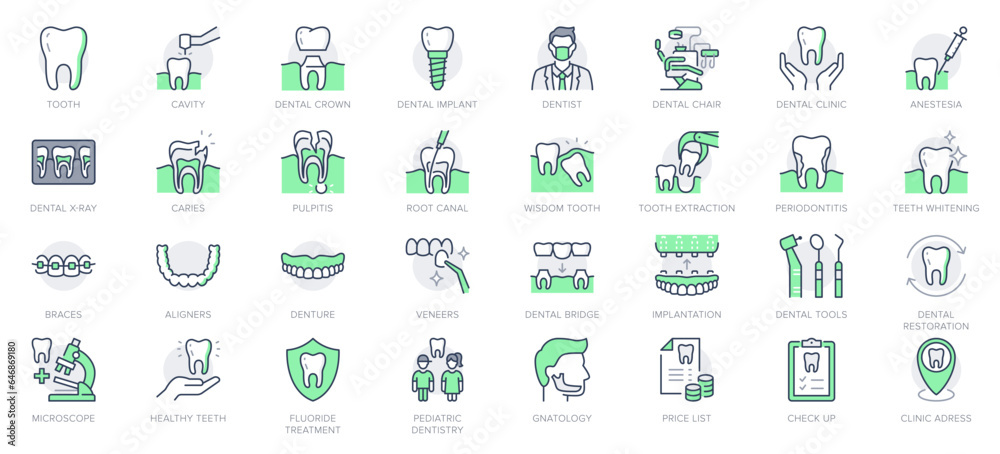 Vetor de Dental care line icons. Vector illustration include icon ...