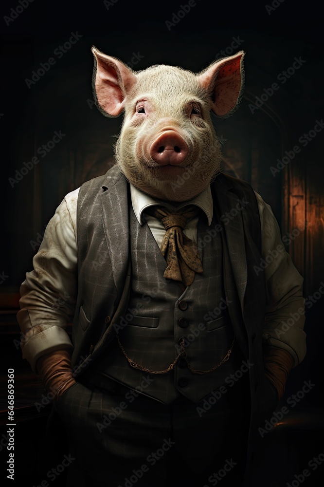 AI generated illustration of a pig in a classic suit in a dimly lit ...