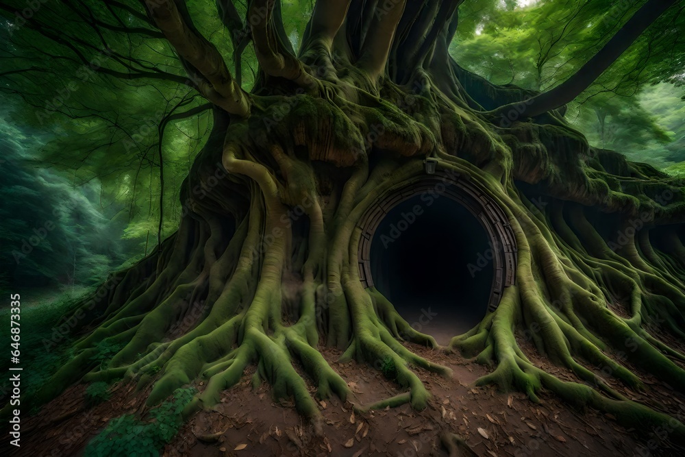 Ancient tree with a hidden door leading to an underground kingdom - AI ...
