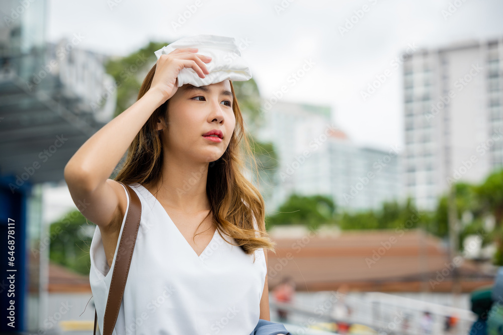 Angry female having sunstroke skin damage from sun UV city air ...