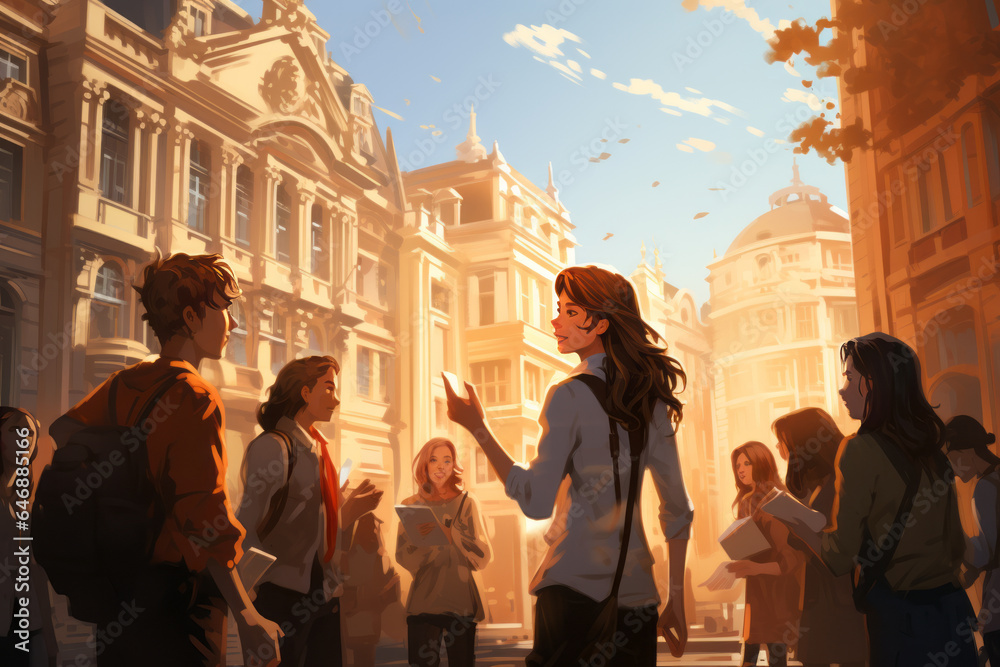 vector art of A female tour guide and a group of female tourists show ...