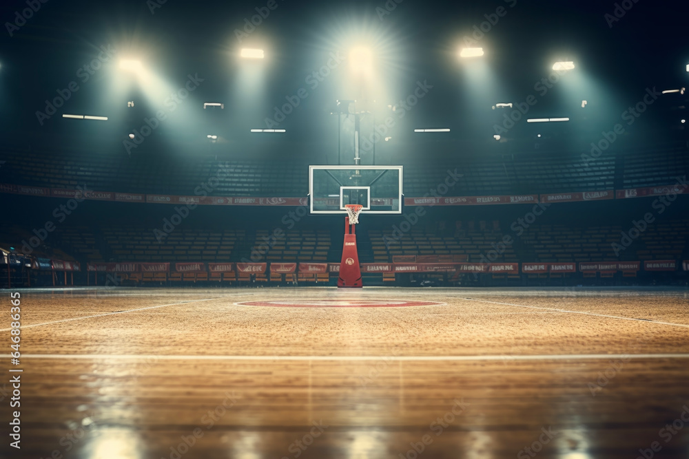 Basketball goal in a beautiful gymnasium illuminated by spotlights ...