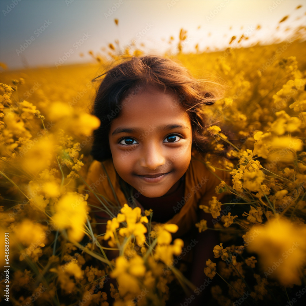 Radiant Smile Amidst Golden Blooms: Close-up of a Smiling Indian Child ...