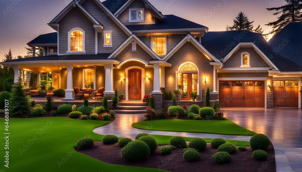 Beautiful home exterior in evening with glowing interior lights and ...