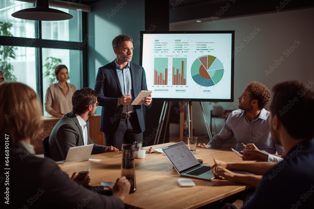 A professional male CEO of a huge company giving a presentation about ...