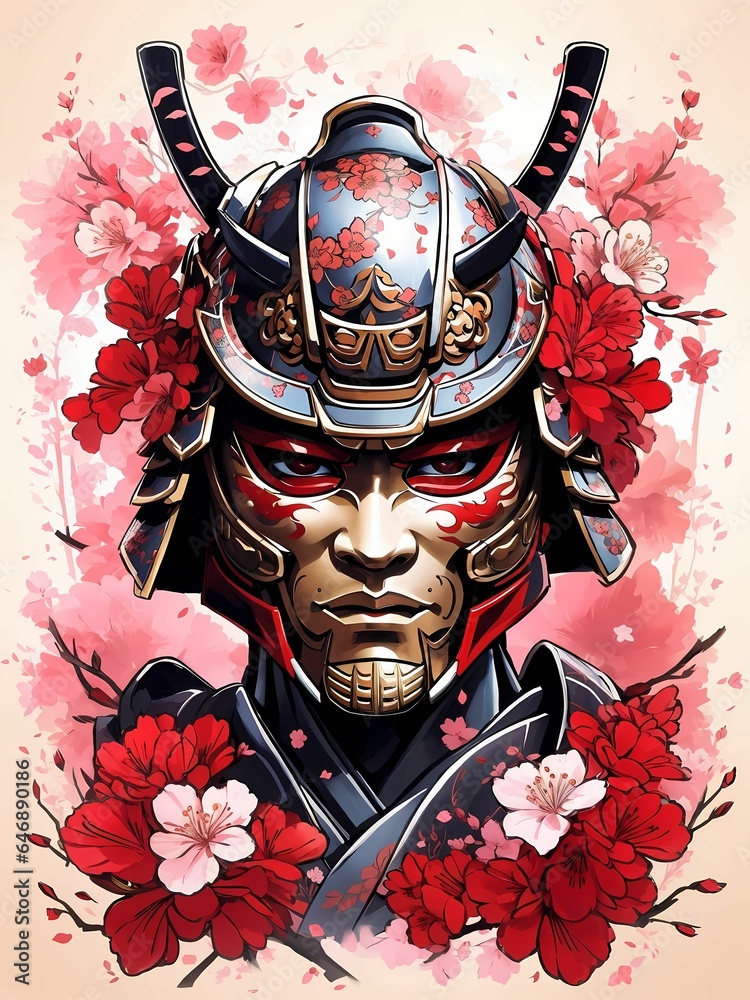AI generated illustration of a samurai in his helmet surrounded by ...