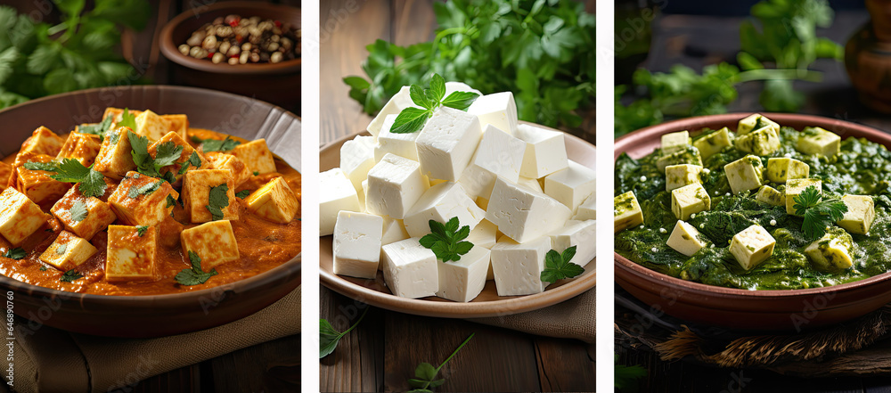 collage with traditional national Indian food Paneer cheese, palak ...