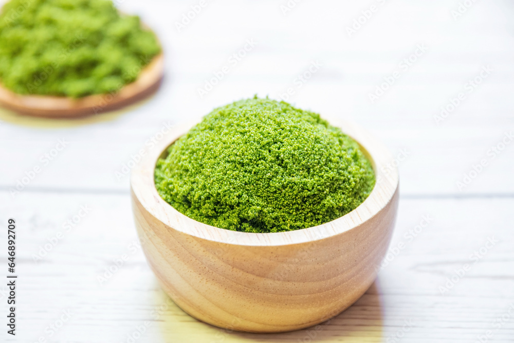 Wolffia globosa in wooden bowl. Wolffia is the nutrient-rich plant ...