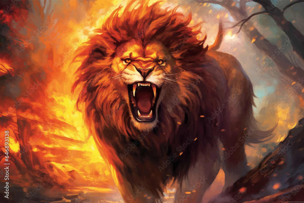 Lion Roaring. Terrible. Head of Lion with a fiery mane. The majestic ...