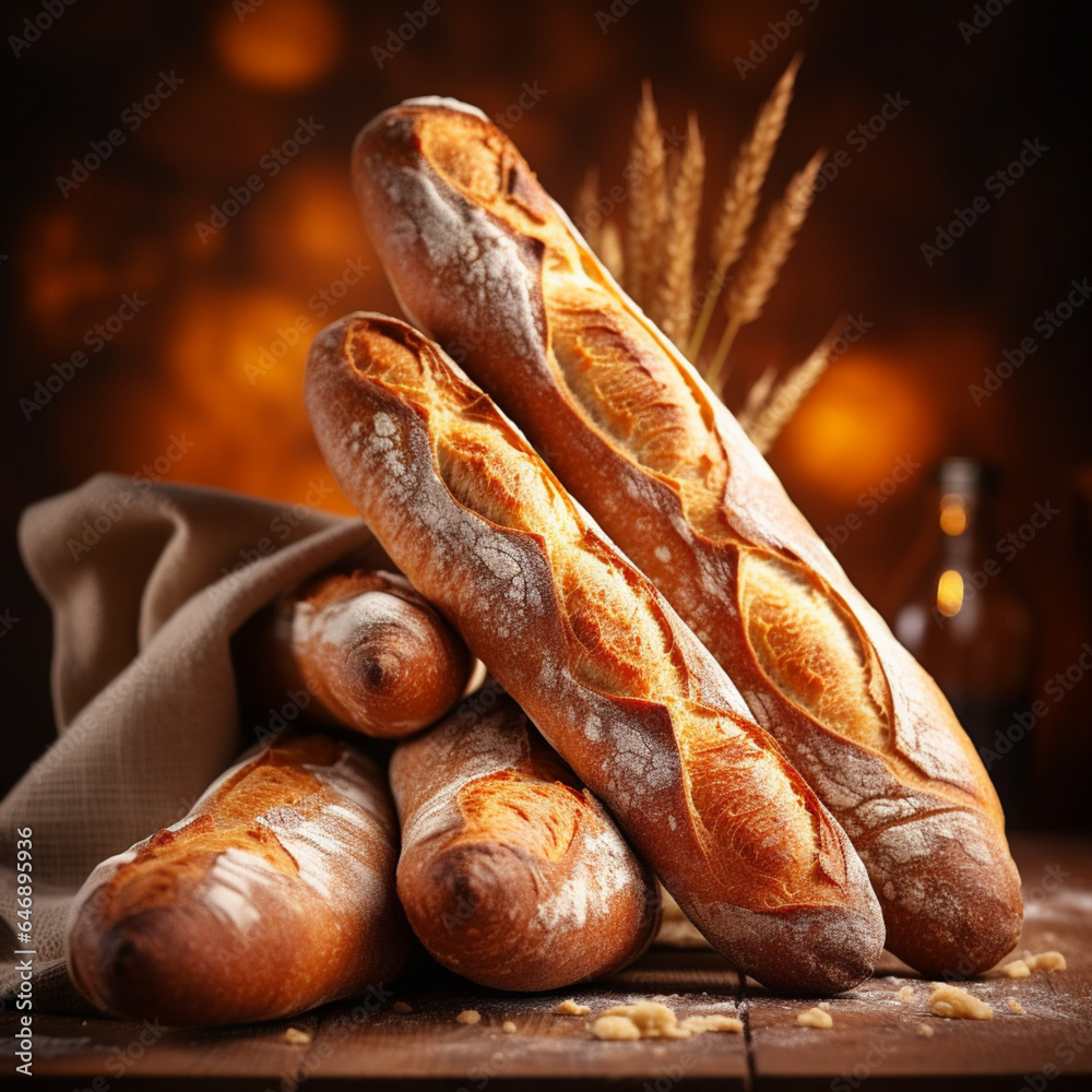 Fondo con detalle y textura de varias parras de pan recien horneado y ...