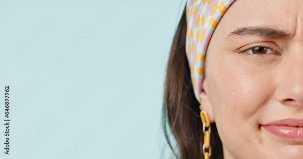 Confused woman, face and mockup space in doubt, decision or unsure ...