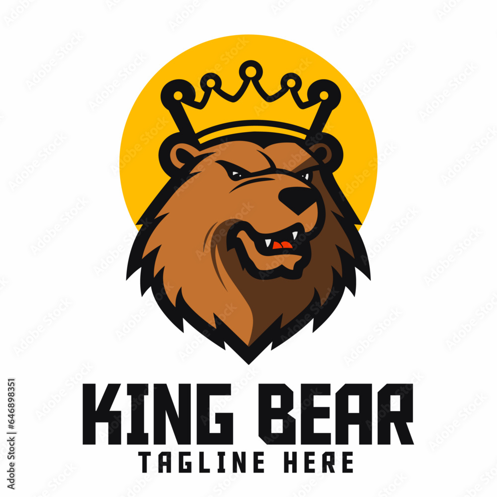 King Bear Head Mascot Logo with Grizzly Bear Wearing Crown Icon Badge Emblem for Sports and ...