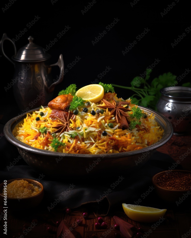 Beautiful Indian non veg biryani in dark background with authentic vibe ...
